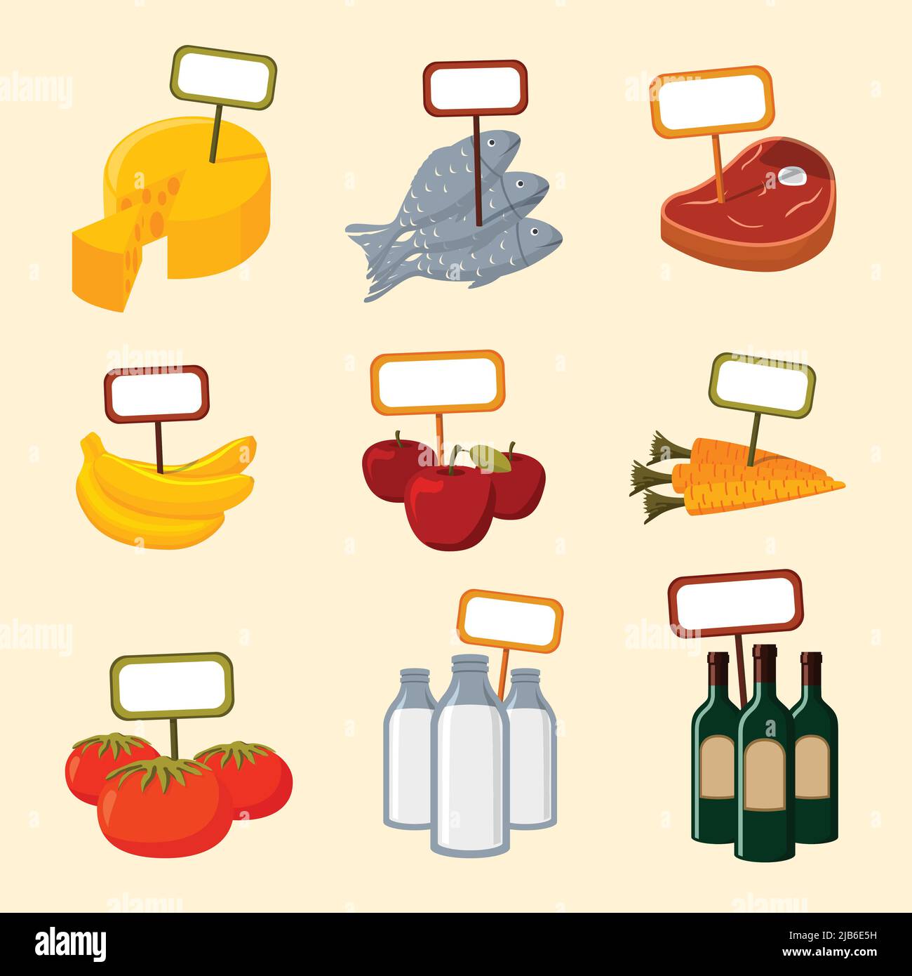 Supermarket foods items of meat fish fruits vegetables and drinks with ...