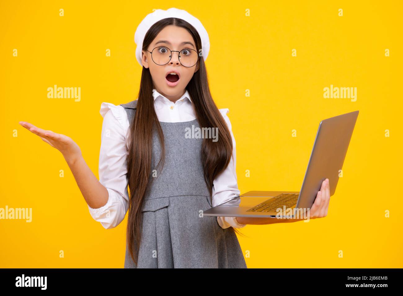 Young student school girl, studying with laptop computer. E-learning ...
