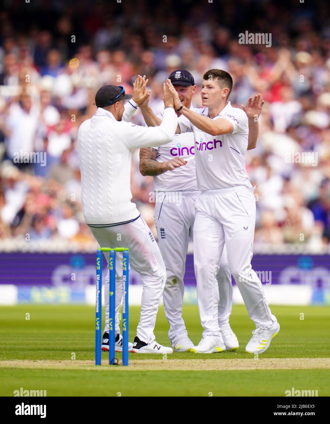 England's Matthew Potts celebrates the wicket of New Zealand's Tom ...