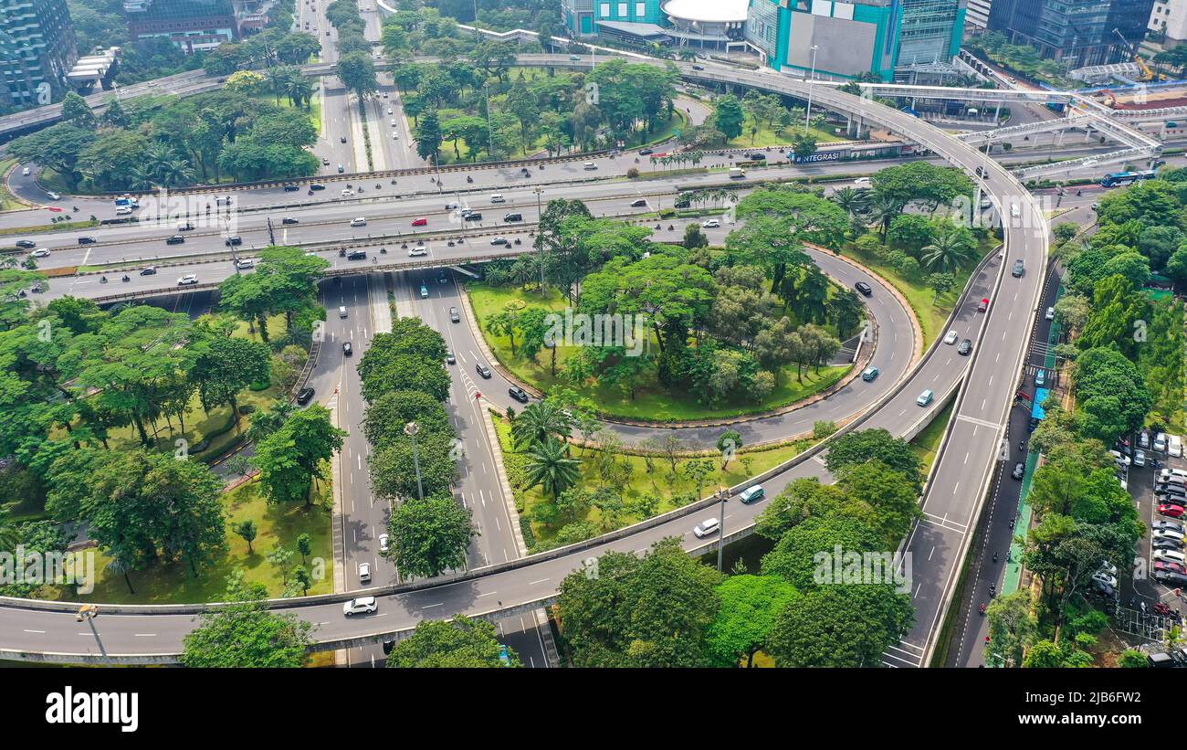 Aerial view of Semanggi interchange with traffic jam along the Sudirman ...