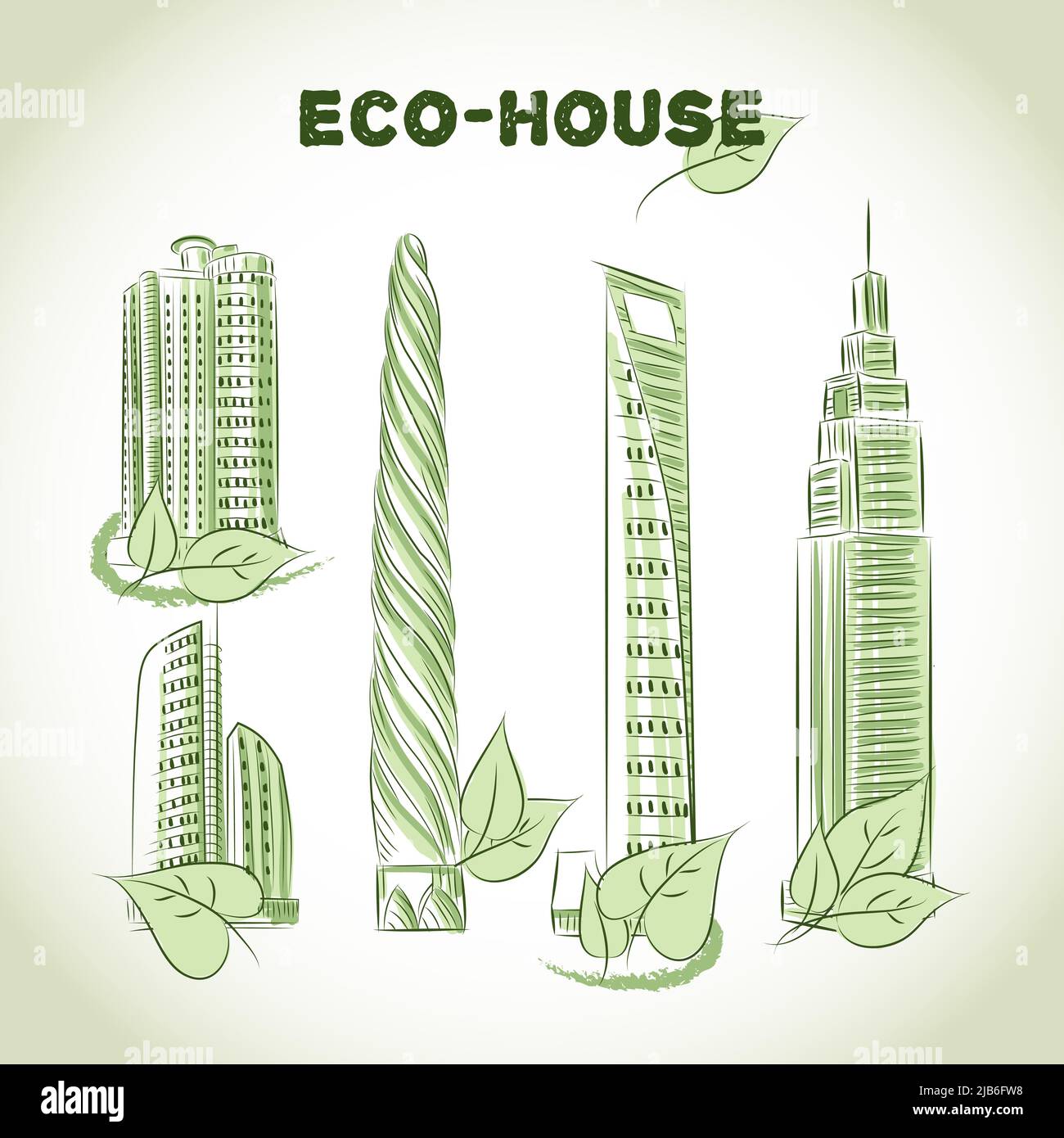 Eco green buildings icons of skyscrapers isolated sketch vector ...