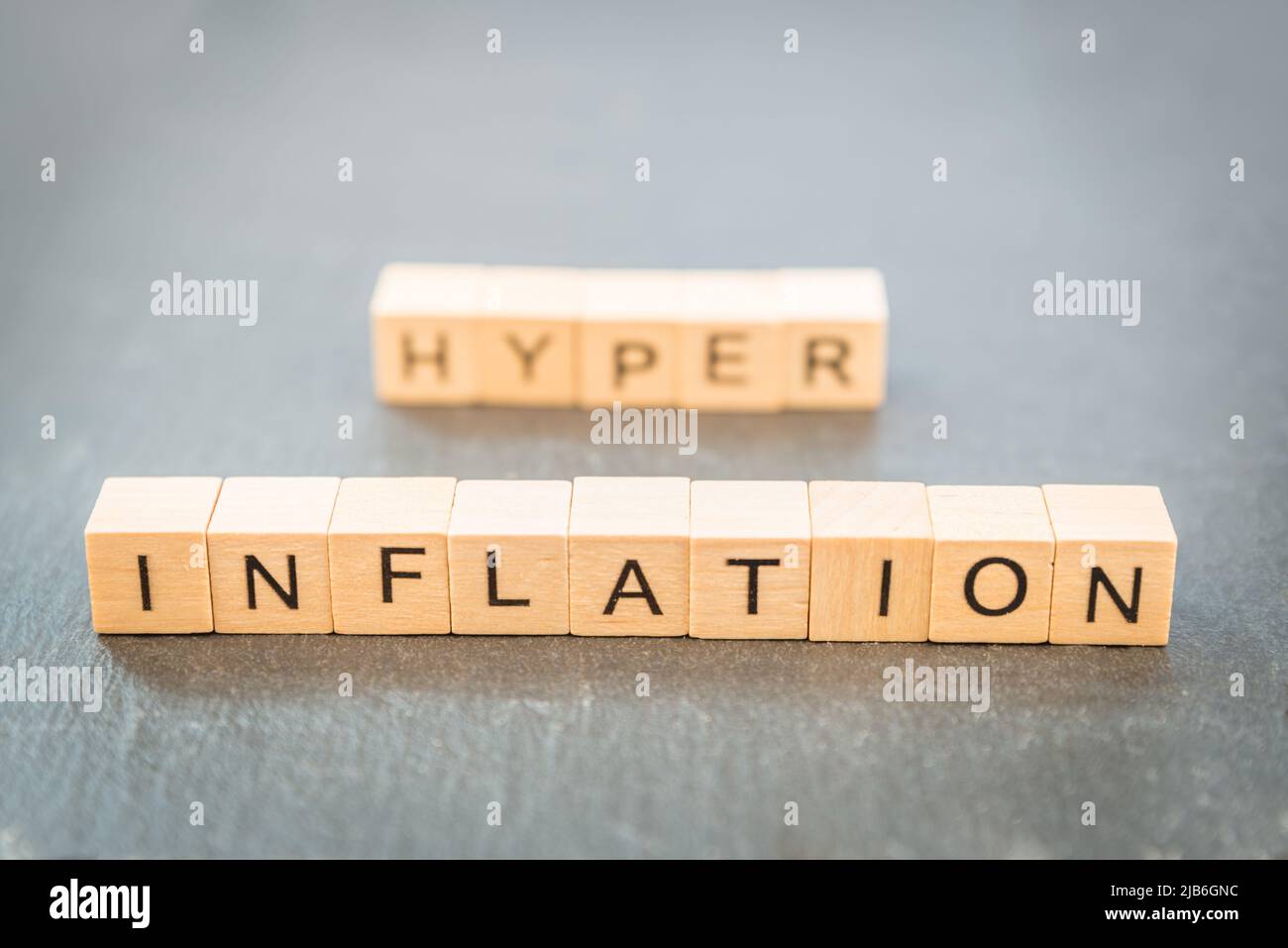 The word Inflation and Hyper in the background text written on a slate ...