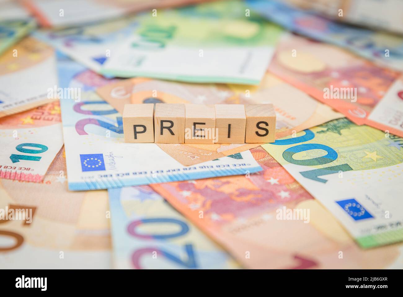 The word Preis - in German for Price - on banknotes Euro notes written ...