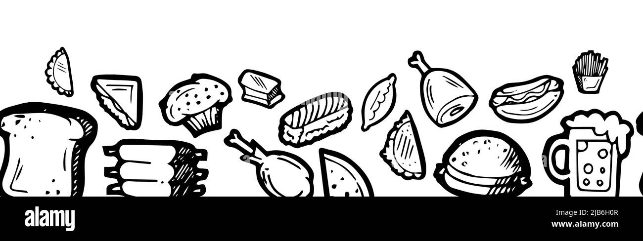 Set of food. Border frame. Baking buns and meat dishes. Hand drawing ...