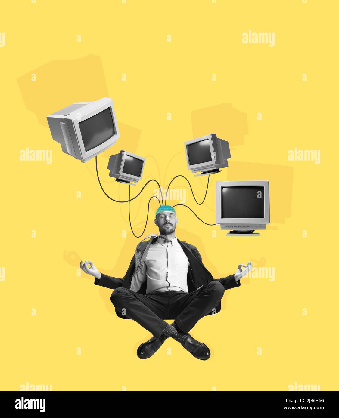 Contemporary art collage. Man, businessman's brain charge by means of ...