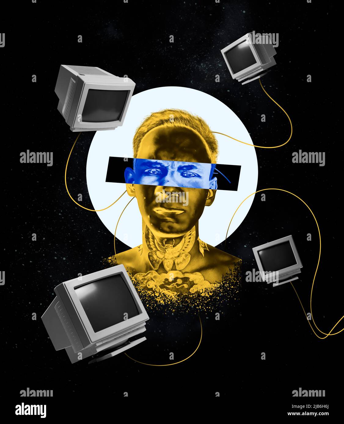 Contemporary art collage. Man's head silhouette and retro computer ...