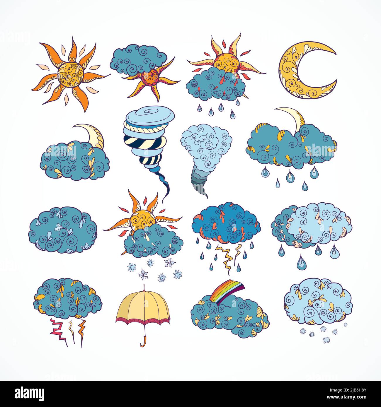 Doodle weather forecast color decorative design elements collection ...