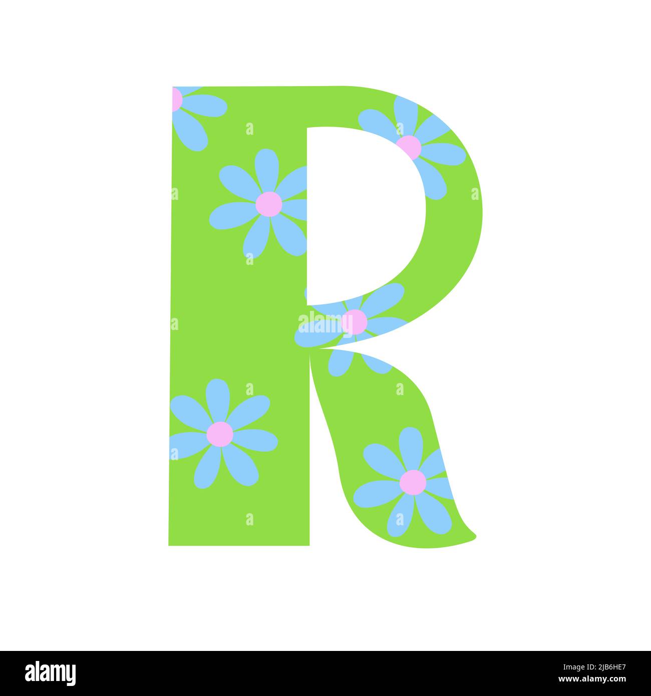 Capital bright green decorated with spring flowers hand drawn letter R ...
