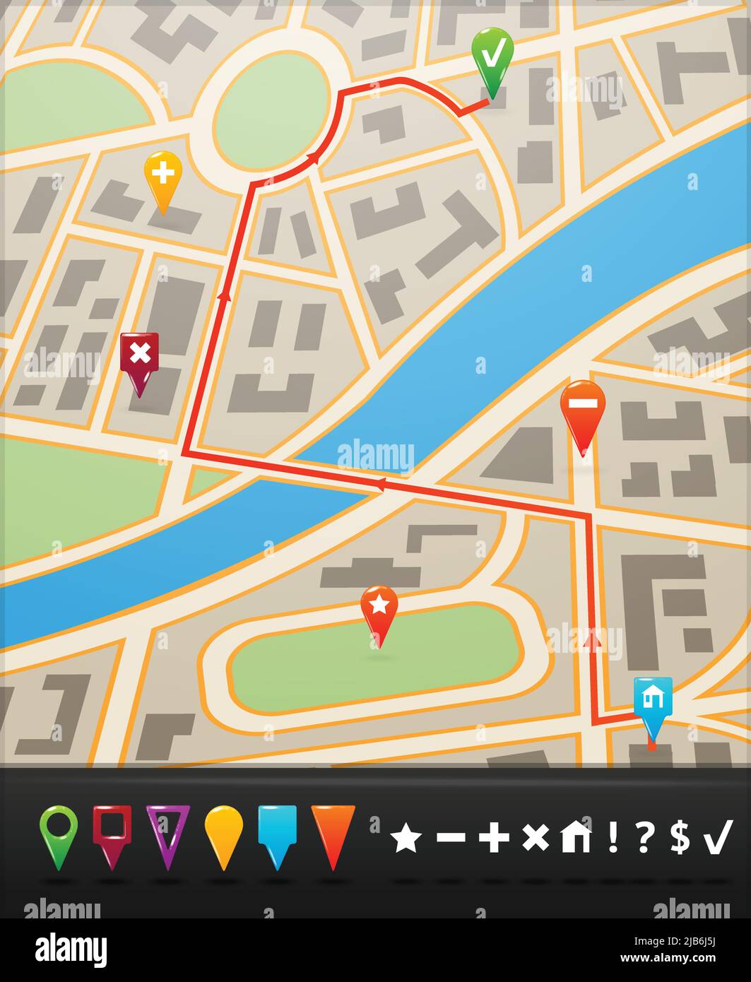 City street route map with navigation icons and symbols vector ...