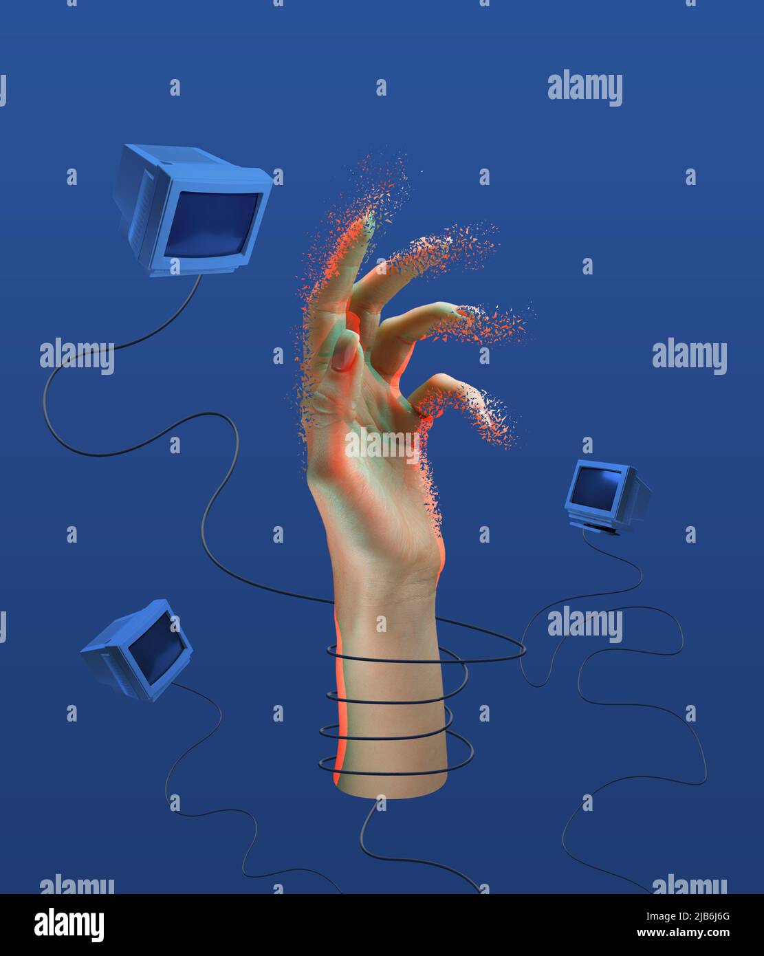 Human hand and flying retro computers isolated on blue background ...
