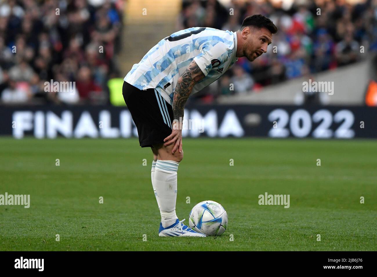 Lionel Messi of Argentina prepares a free kick during the Finalissima ...