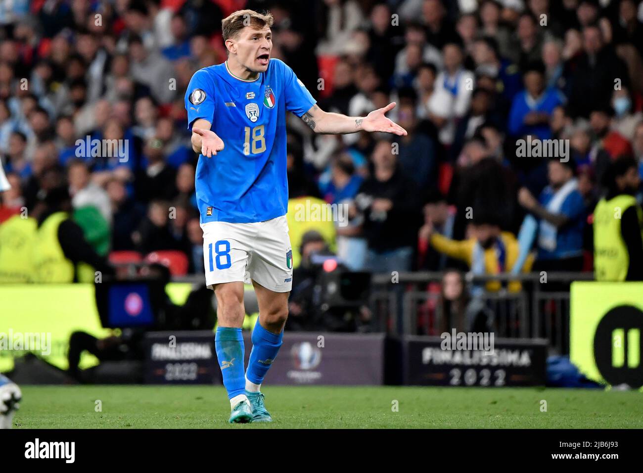 Nicolo Barella of Italy reacts during the Finalissima trophy 2022 ...
