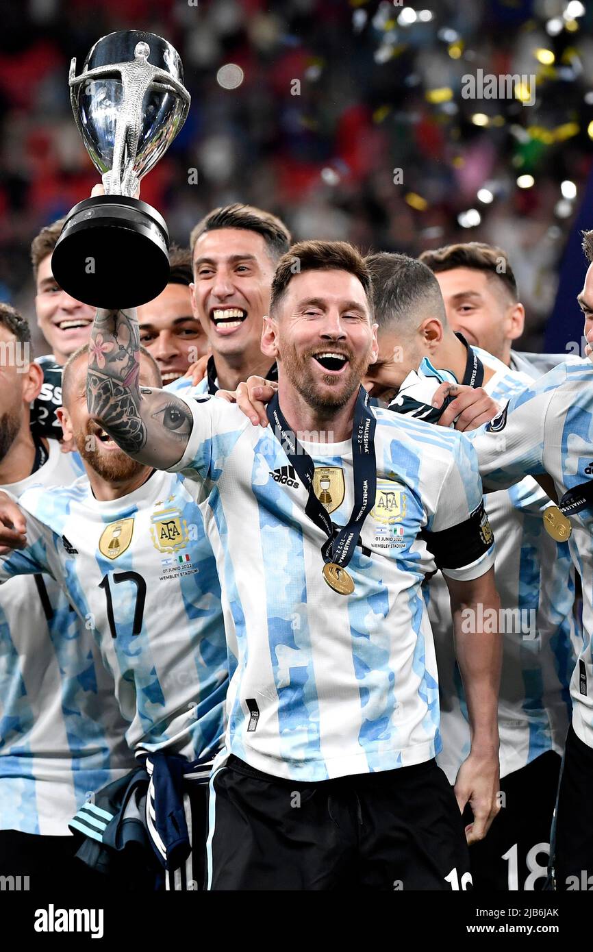 Lionel Messi of Argentina celebrates with the trophy at the end of the ...