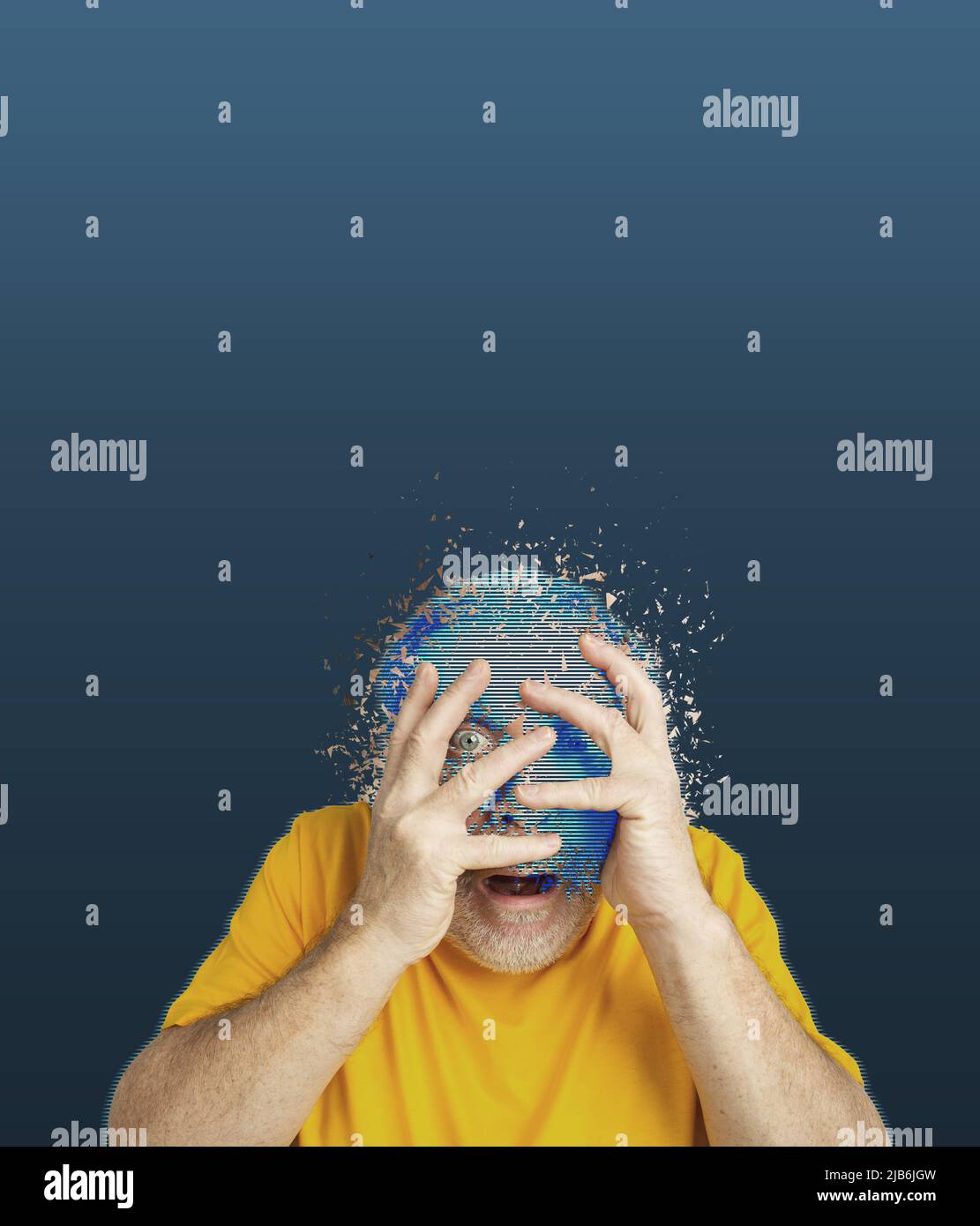 Contemporary art collage and modern design. Scared senior man with ...