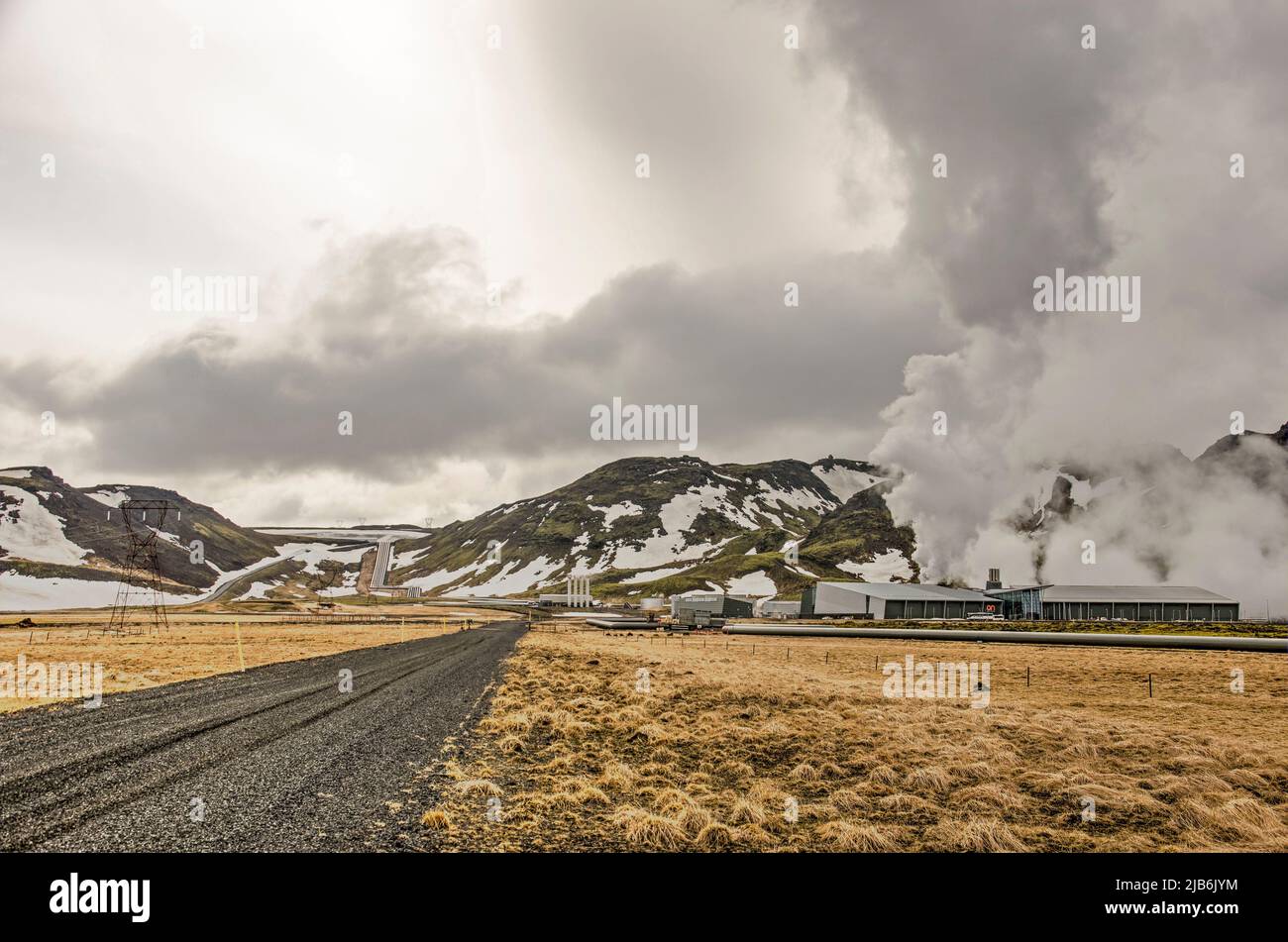 Hengill, Iceland, April 22, 2022: road towards the Hellisheiði ...