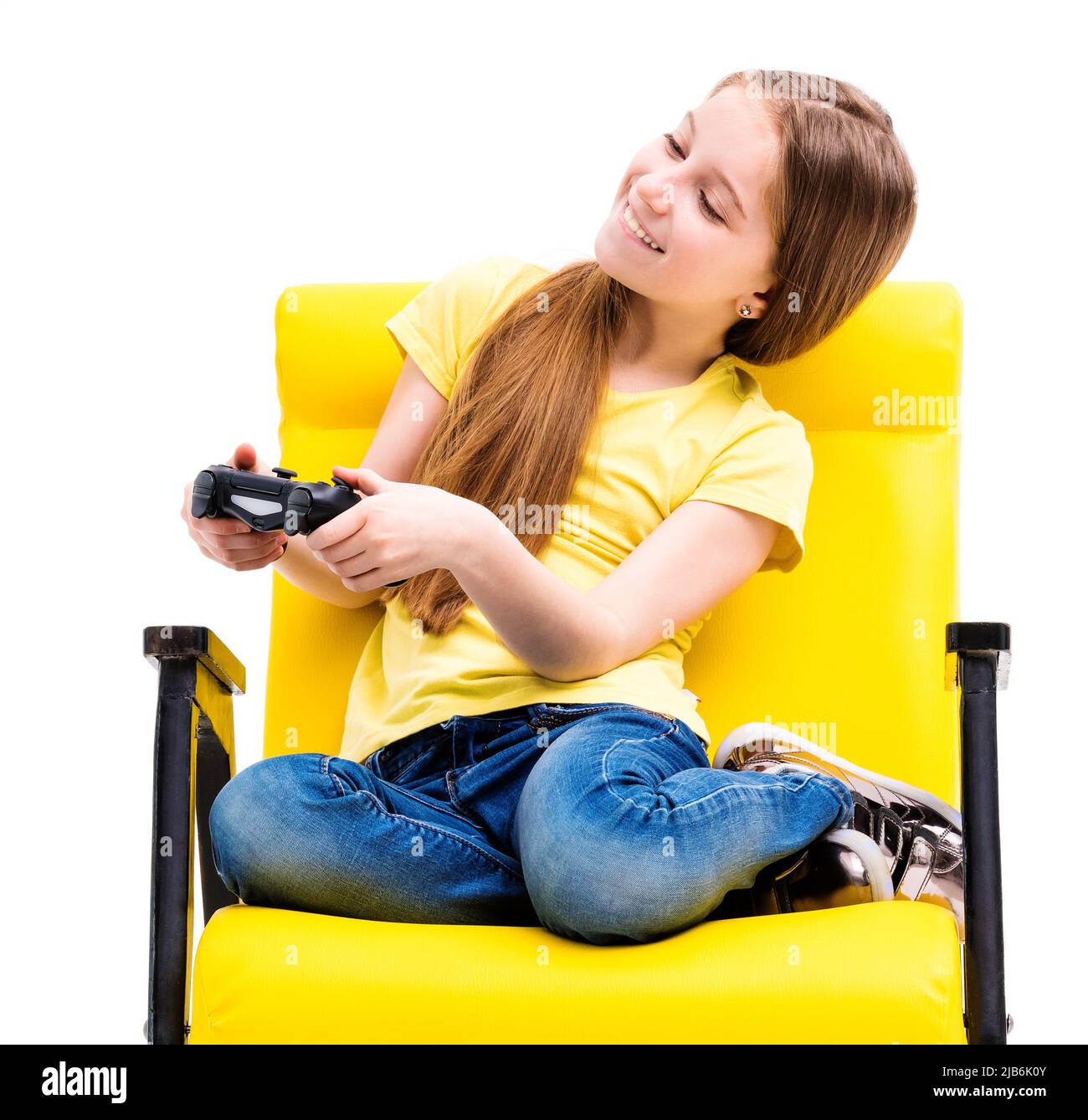 Girl playing computer games with joystick Stock Photo - Alamy