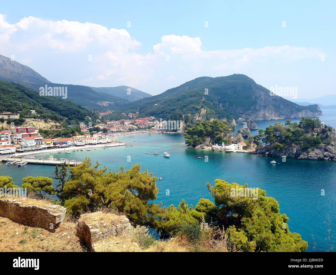 Panoramic view of Parga greek sea resort town and beach at Ionian sea ...