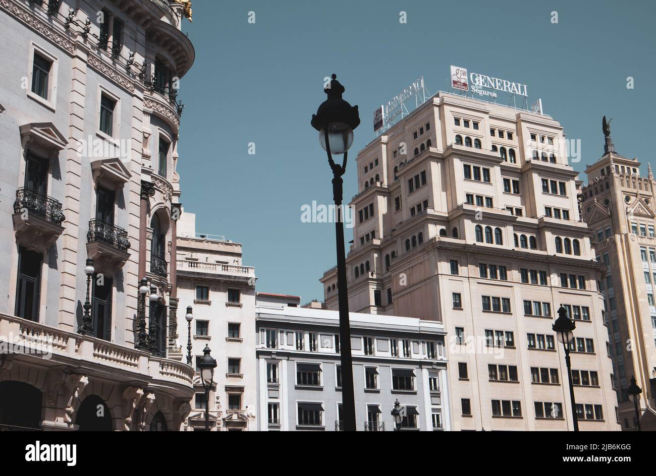 Madrid, Spain, May 7, 2022. Tall, modern buildings, houses in business ...