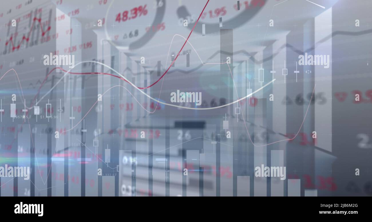 Image of financial data processing and stock market over server room ...