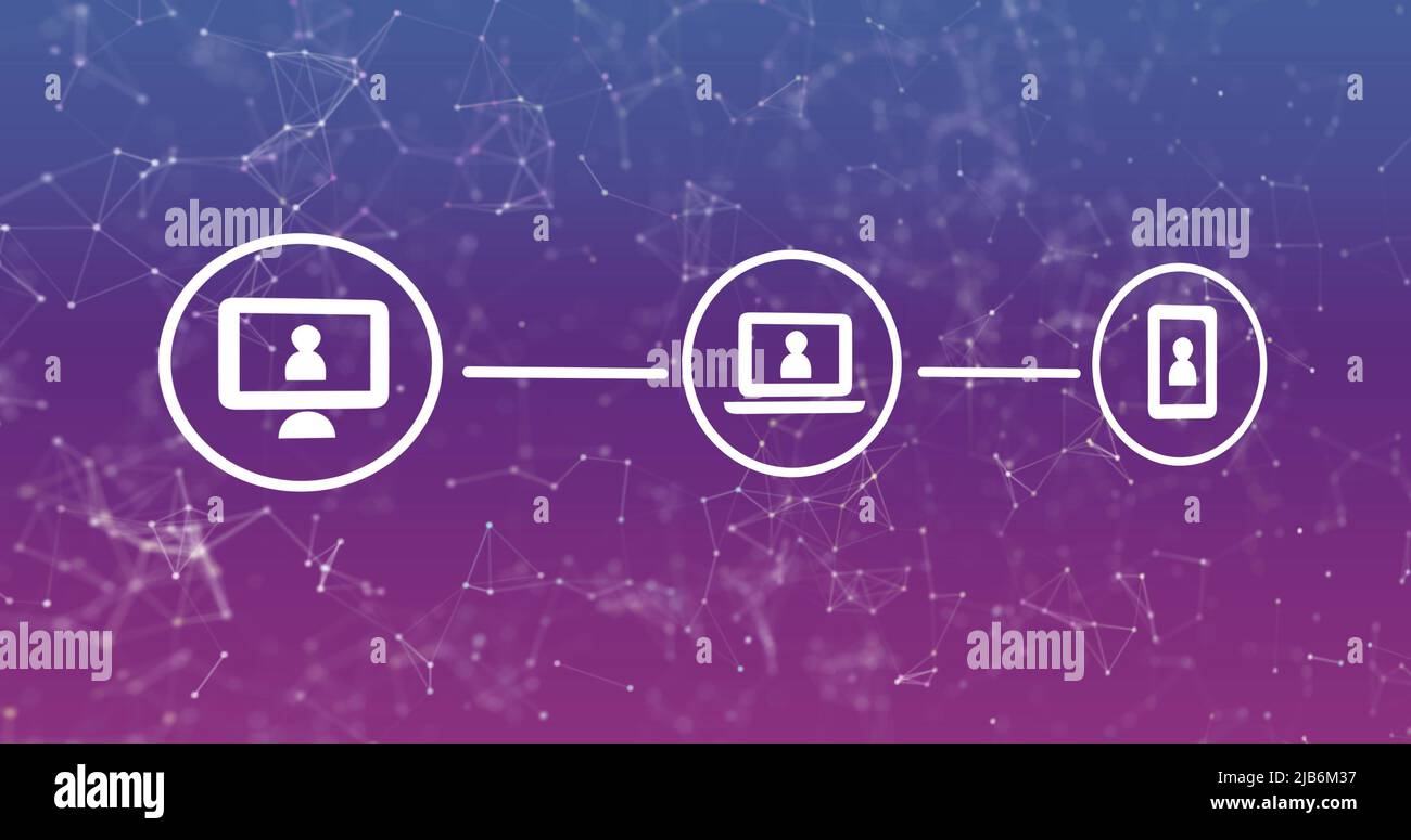 Image of icons and network of connections over purple background Stock ...