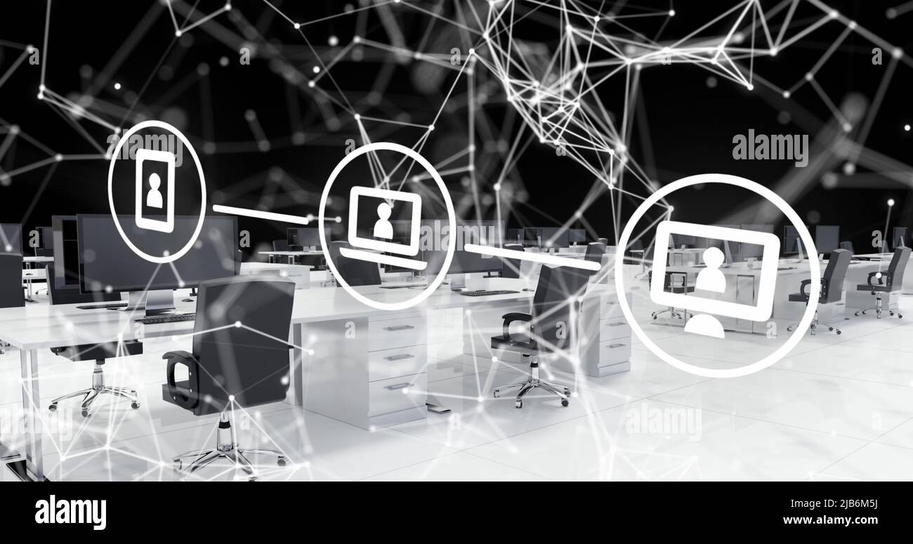 Image of icons with network of connections, empty office and data ...