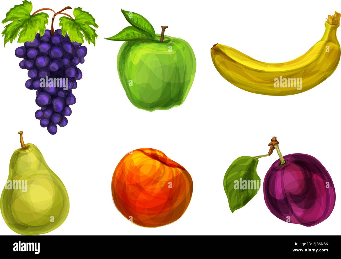 Collection of fresh organic fruits grape apple banana pear plum and ...