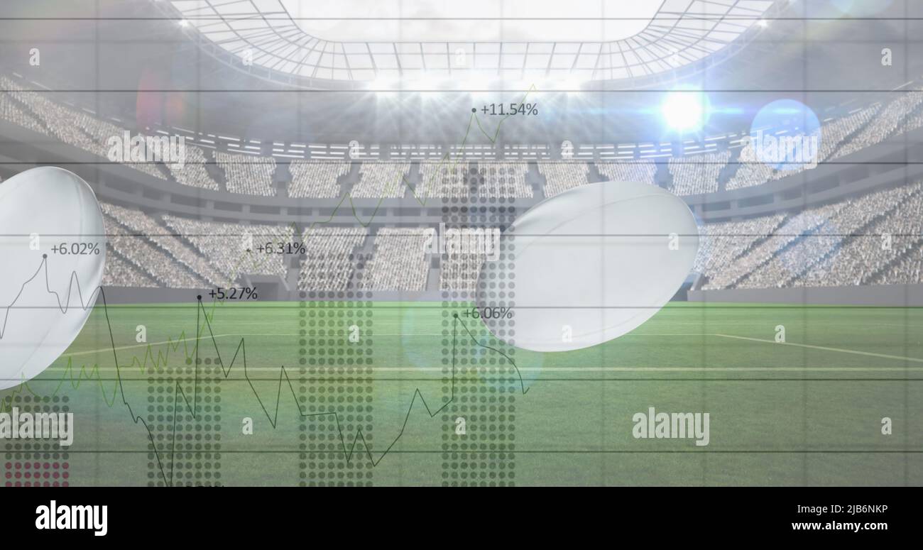 Image of falling rugby balls with graphs and data processing over ...