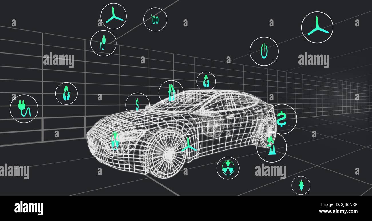 Image of icons processing status data over 3d car model moving on black ...