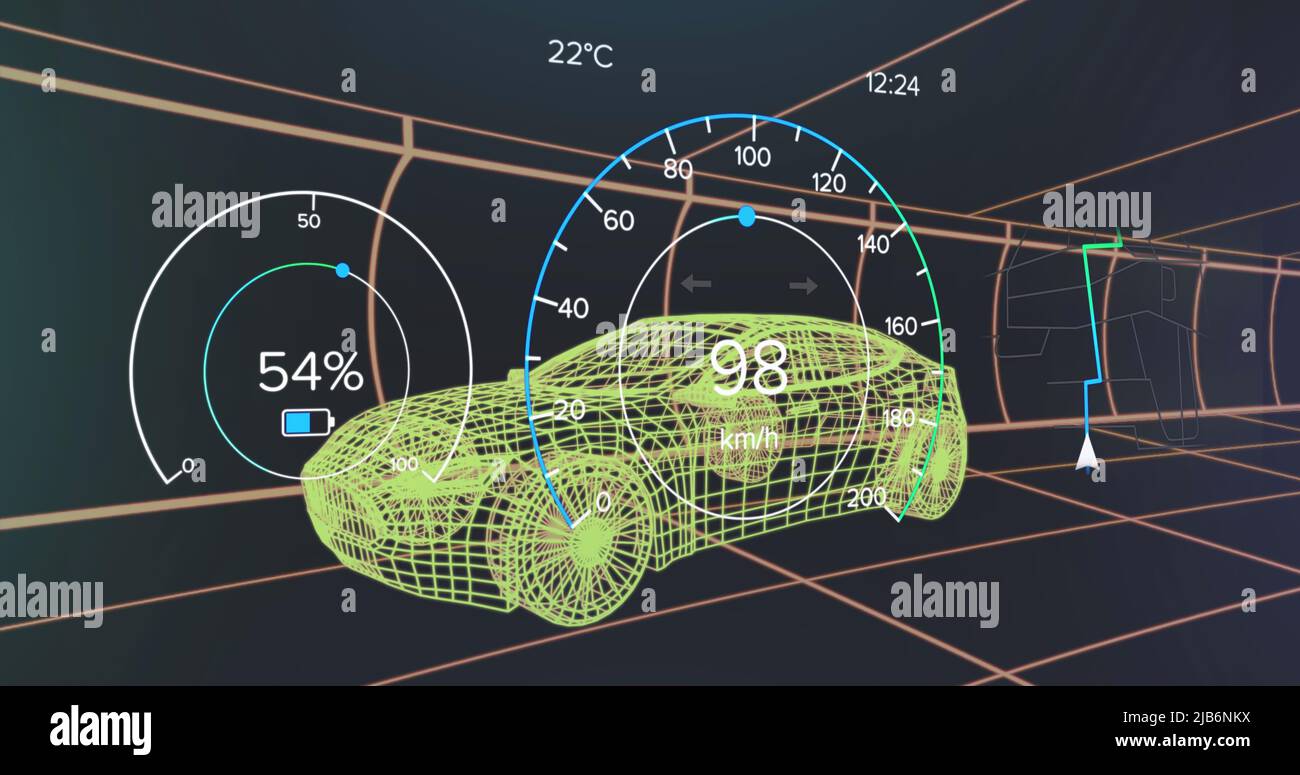 Image of speedometer, gps and charge status data on vehicle interface ...
