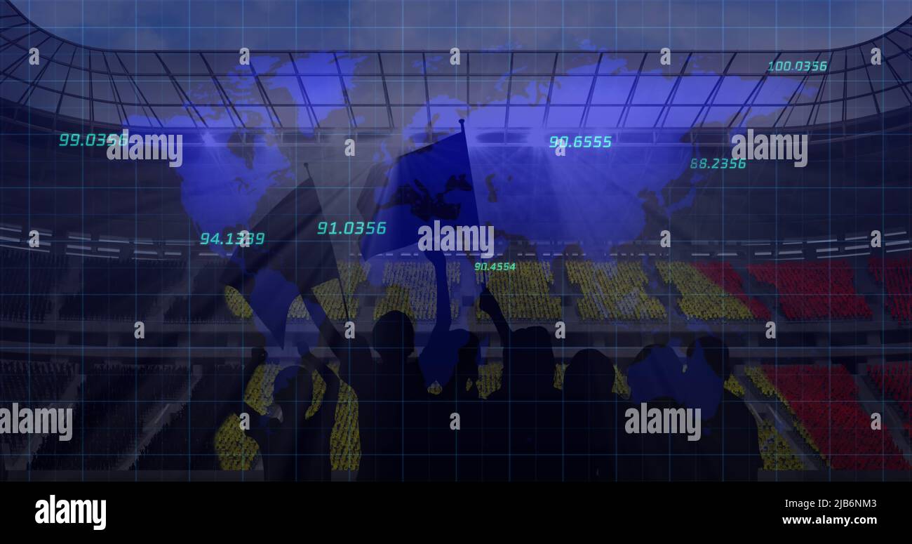 Multiple numbers floating over world map against silhouette of fans and ... Multiple numbers floating over world map against silhouette of fans and ...