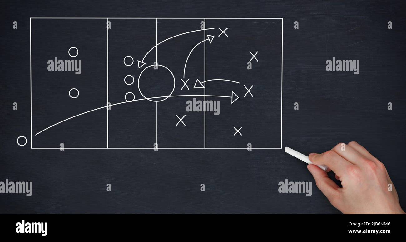 Image of sports tactics over hand with chalk and football field on ...