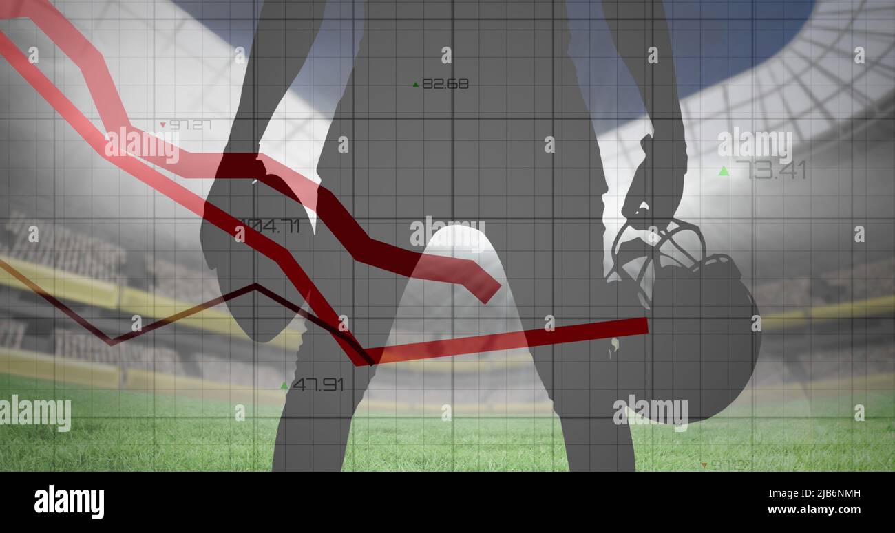 Image of graphs and data processing over midsection of american ...