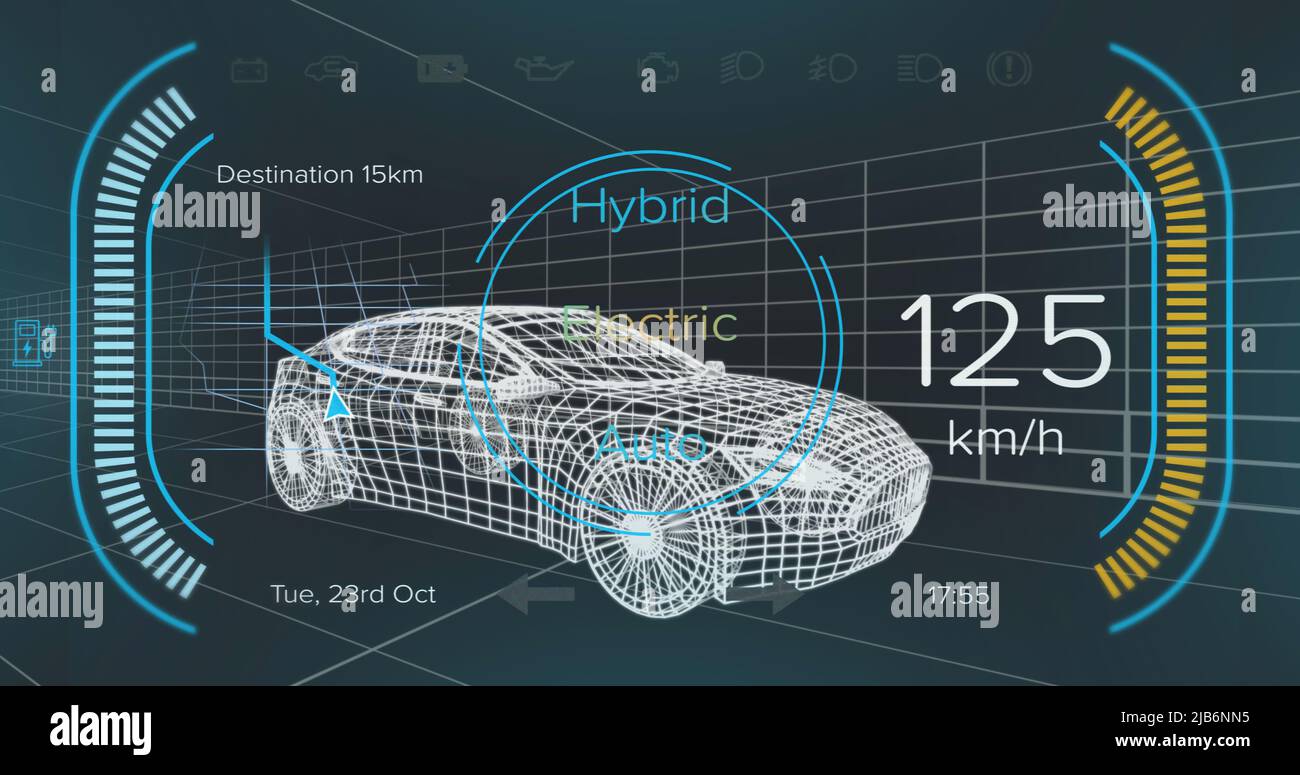 Image of speedometer and power status data on hybrid vehicle interface ...