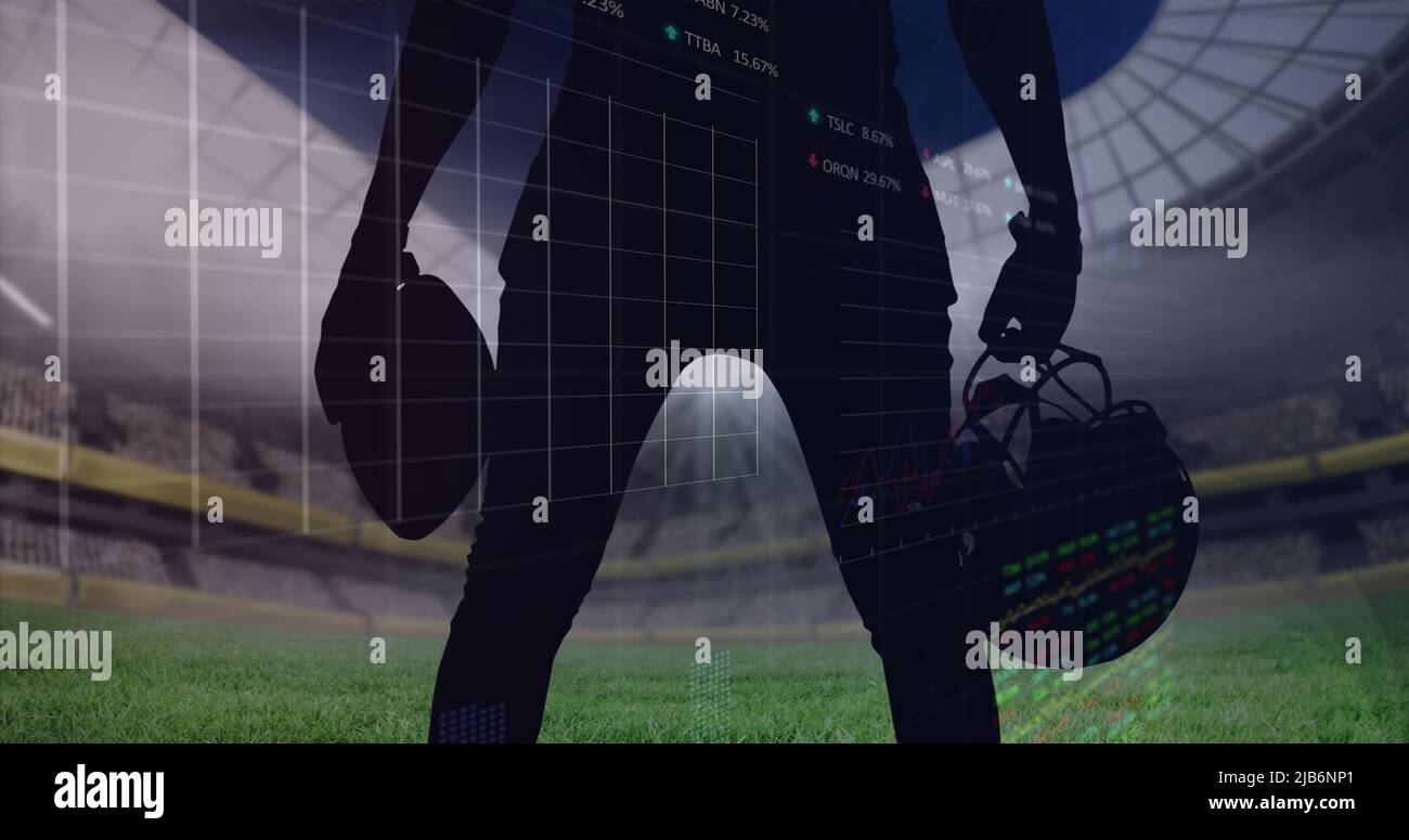 Image of graphs and data processing over midsection of american ...