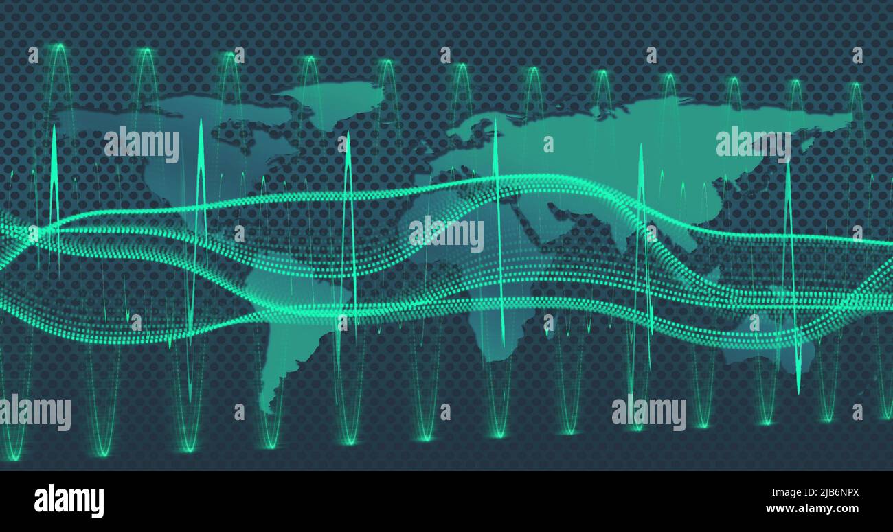 Image of data processing and world map over green background Stock ...