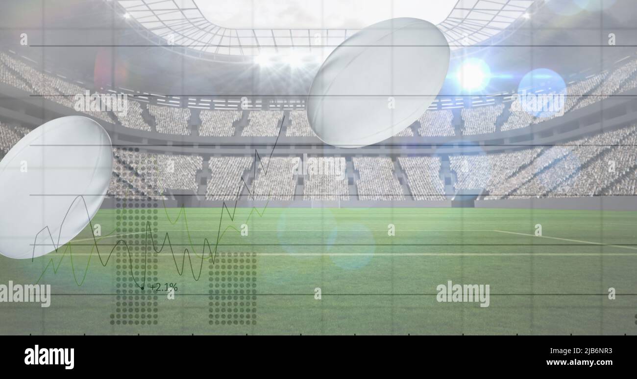 Image of falling rugby balls with graphs and data processing over ...