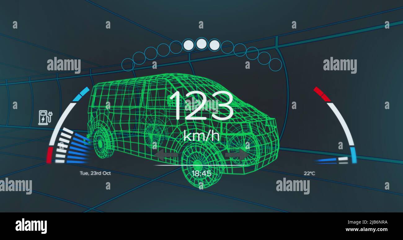 Image of speedometer and power gauge over 3d van model moving on black ...