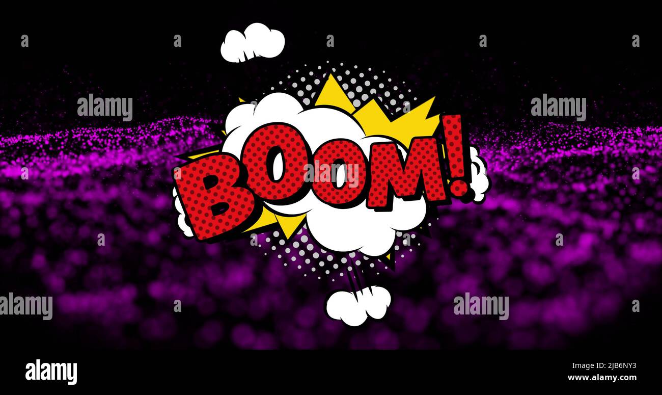 Image of boom text over purple dots on black background Stock Photo - Alamy