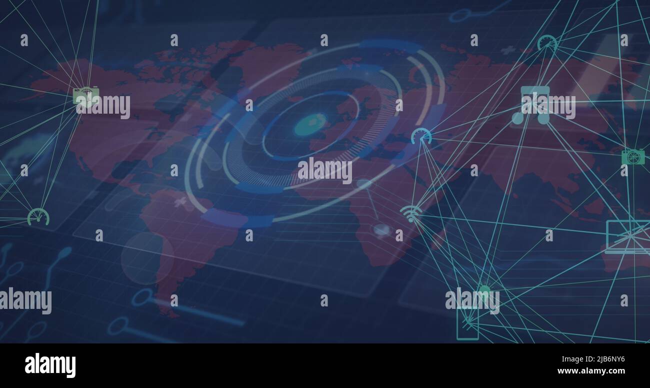 Image of networks of connections, scope scanning over world map Stock ...