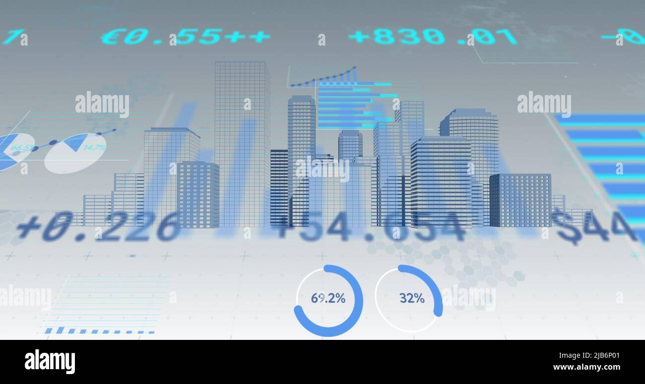 Digital image of statistical data processing over 3d building model against grey background ...