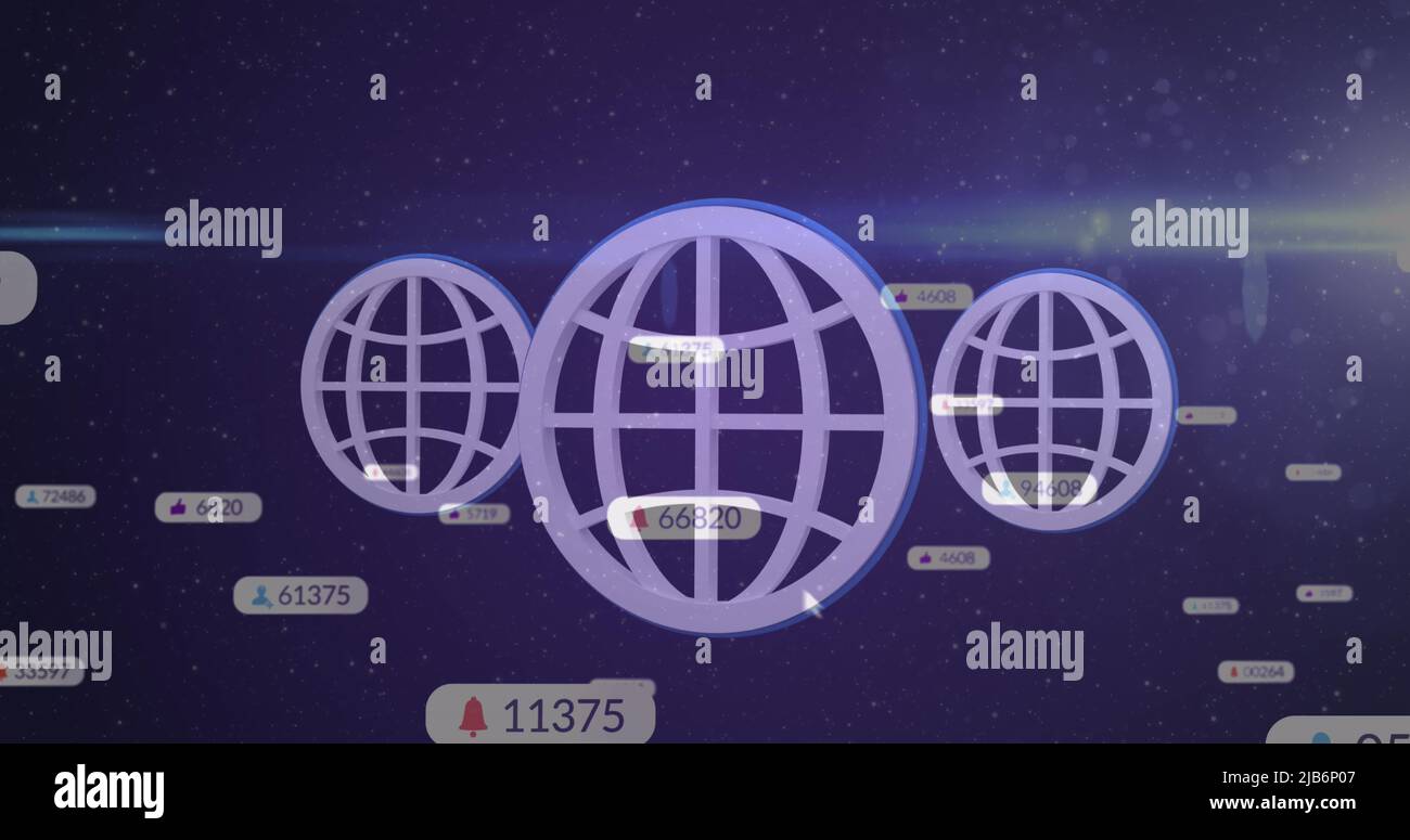 Image of social media icons and numbers over three purple globes in background Stock Photo - Alamy