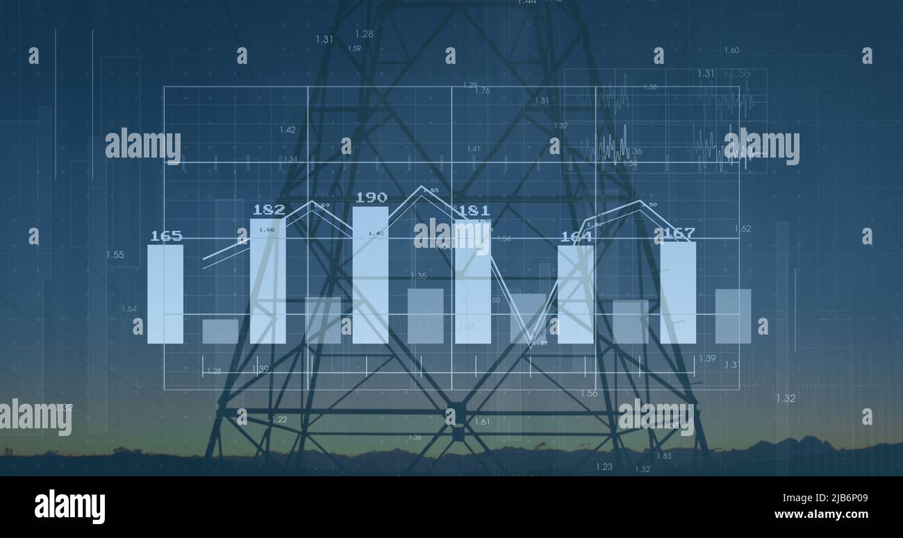 Image of financial data processing over electricity pylons and ...