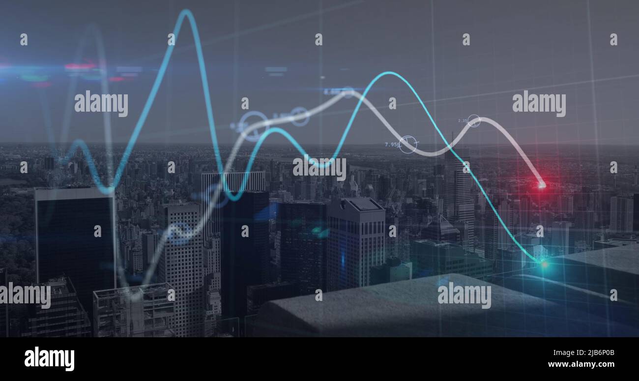 Image of financial data and statistics processing over city background ...