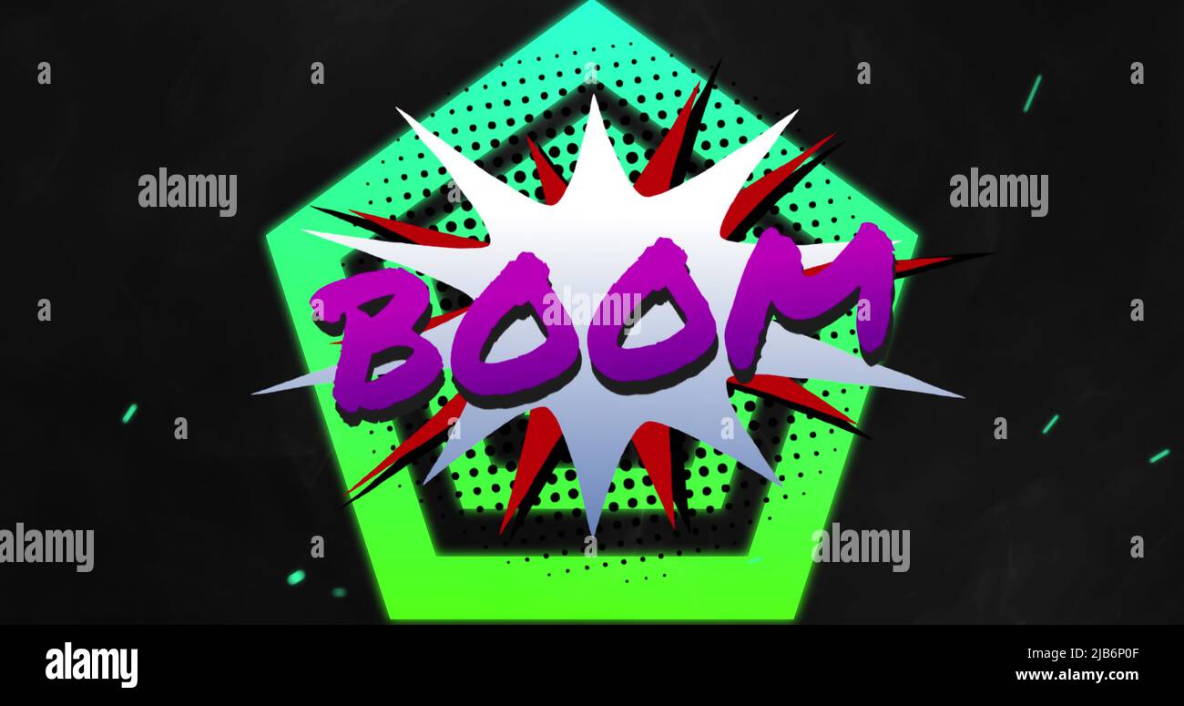 Image of boom text over green shapes on black background Stock Photo ...