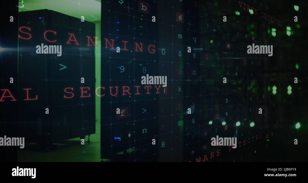 Image of data processing and online cyber attack warning over green lights of computer servers ...