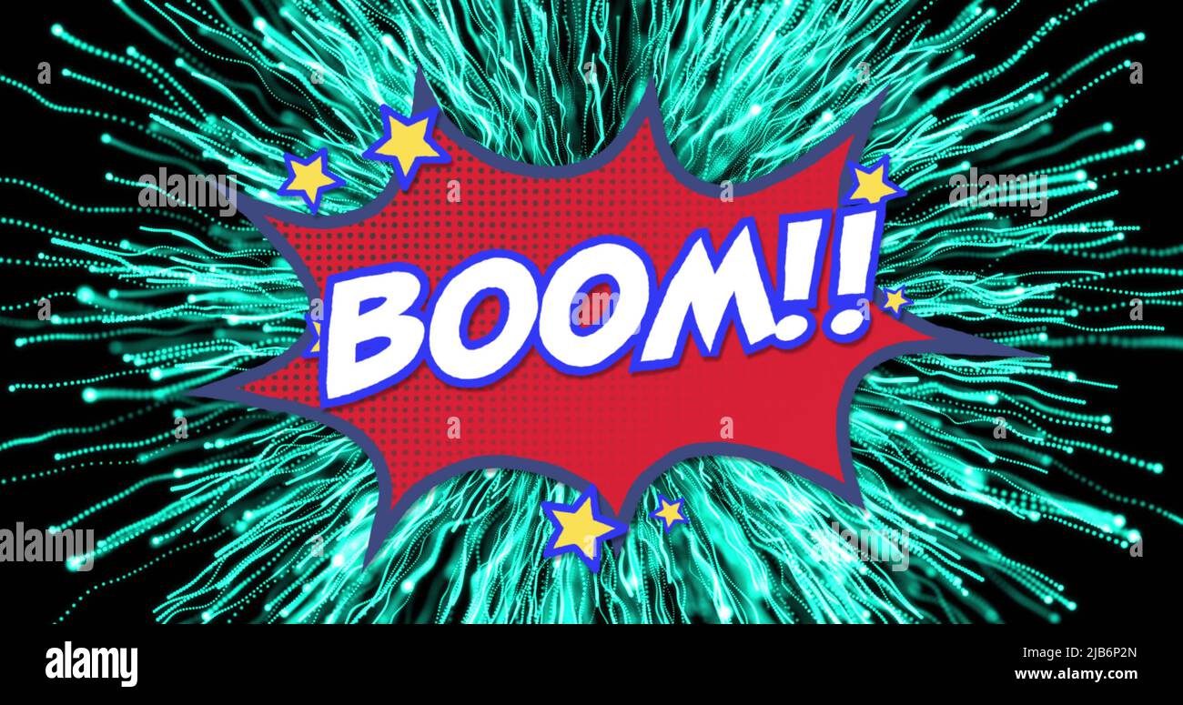 Image of boom text over fireworks on black background Stock Photo - Alamy