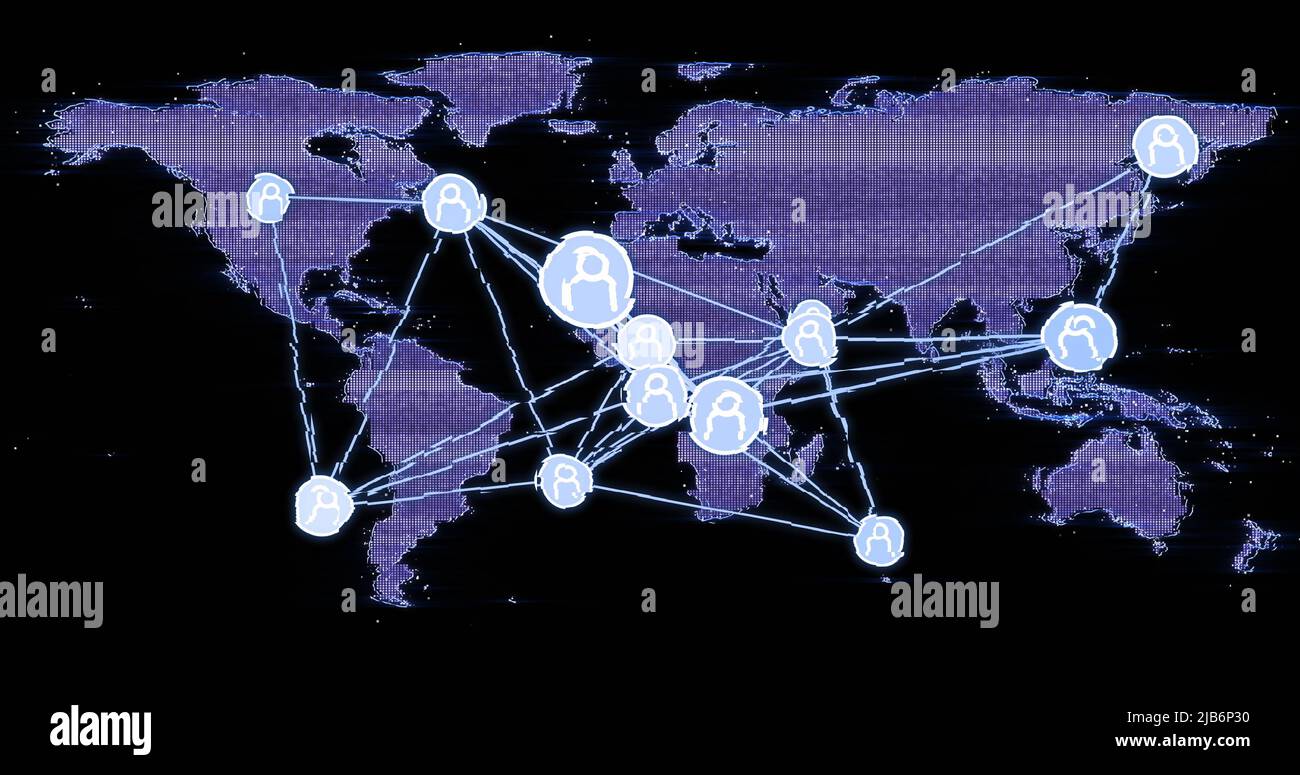 Image of network of connections with people icons over world map on ...