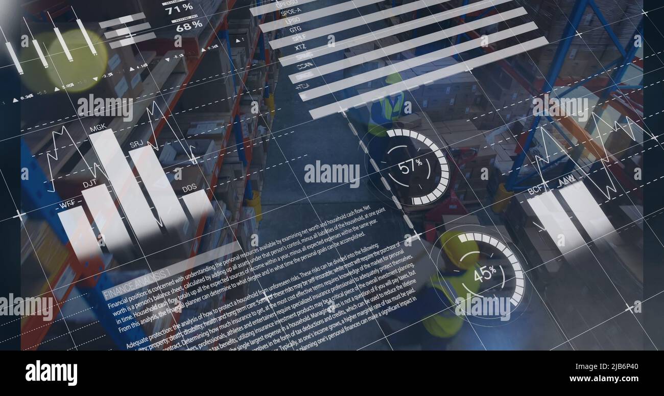 Image of graphs and financial data over caucasian male warehouse ...