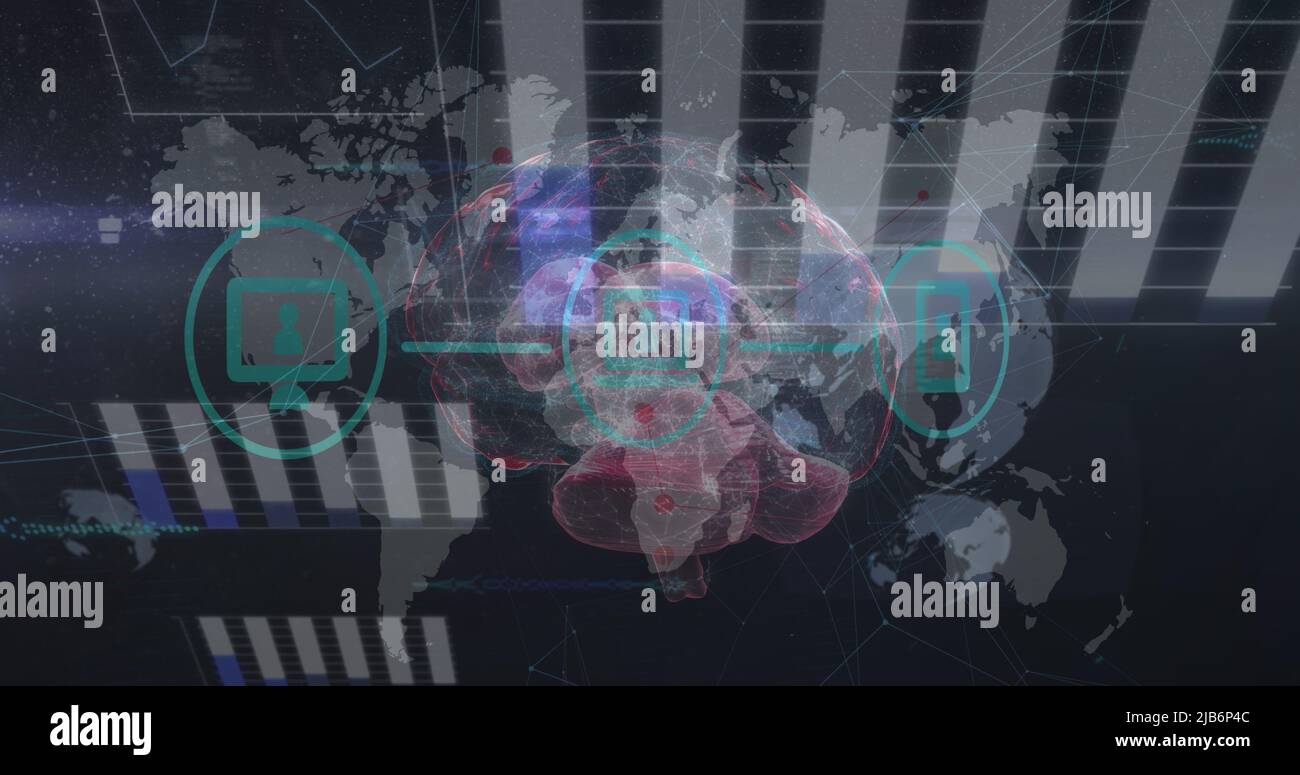 Image of icons, data and rotating brain over world map Stock Photo - Alamy