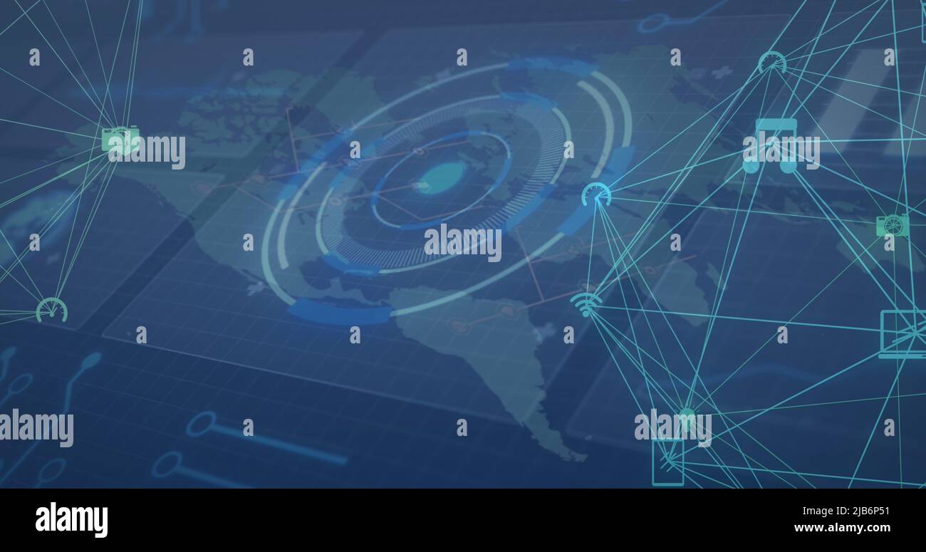 Image of network of connections over world map and processing circle ...
